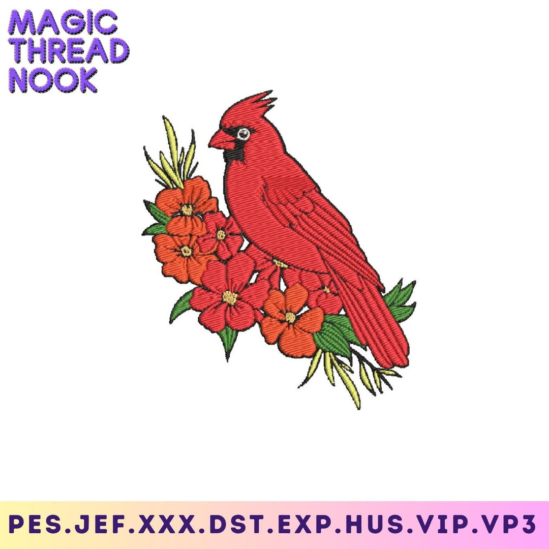 Cardinal Bird Embroidery Design. Red Bird and Flowers Embroidery Design ...