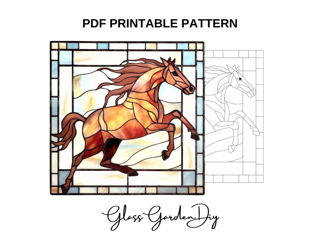 Galloping Horse in a Square Frame Ornament Stained Glass Pattern PNG ...