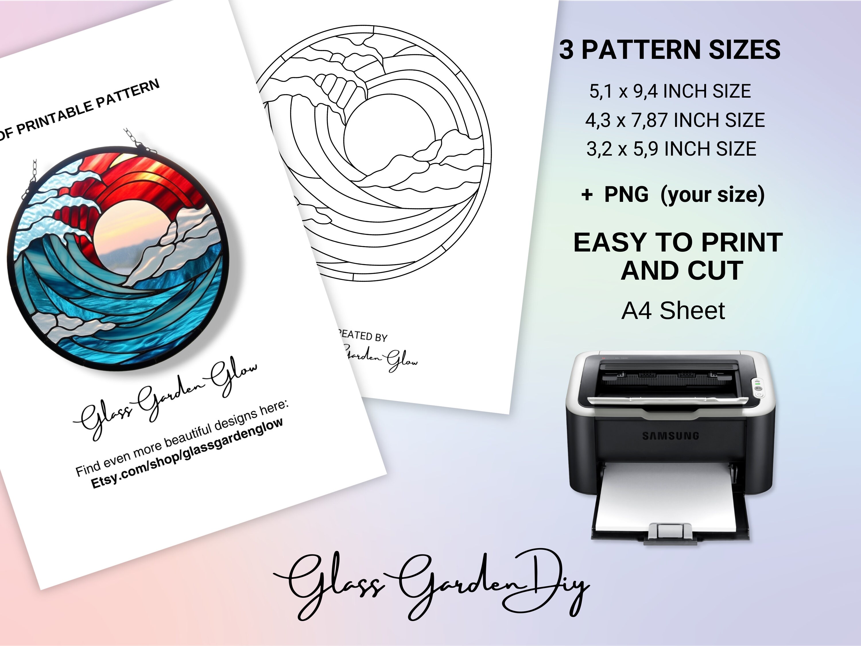 Japanese Style Wave Sunrise in a Circle Frame Ornament Stained Glass ...