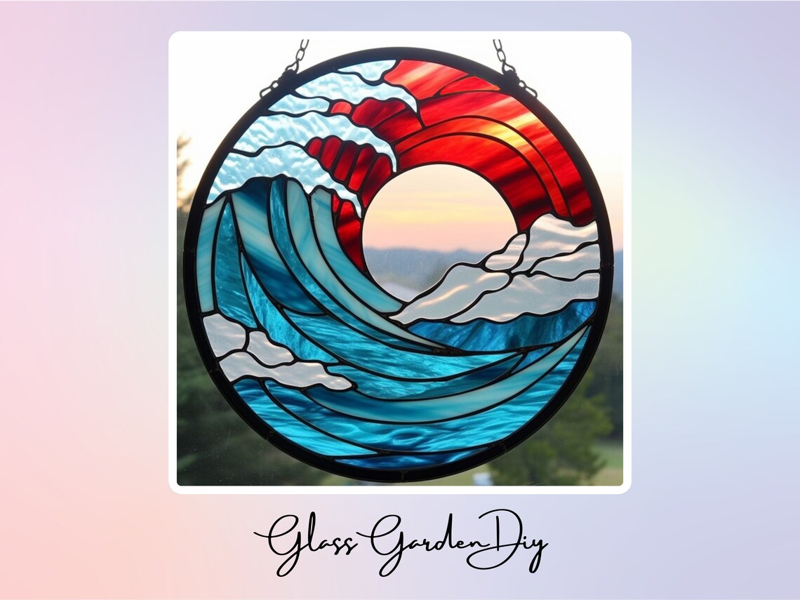 Japanese Style Wave Sunrise in a Circle Frame Ornament Stained Glass ...