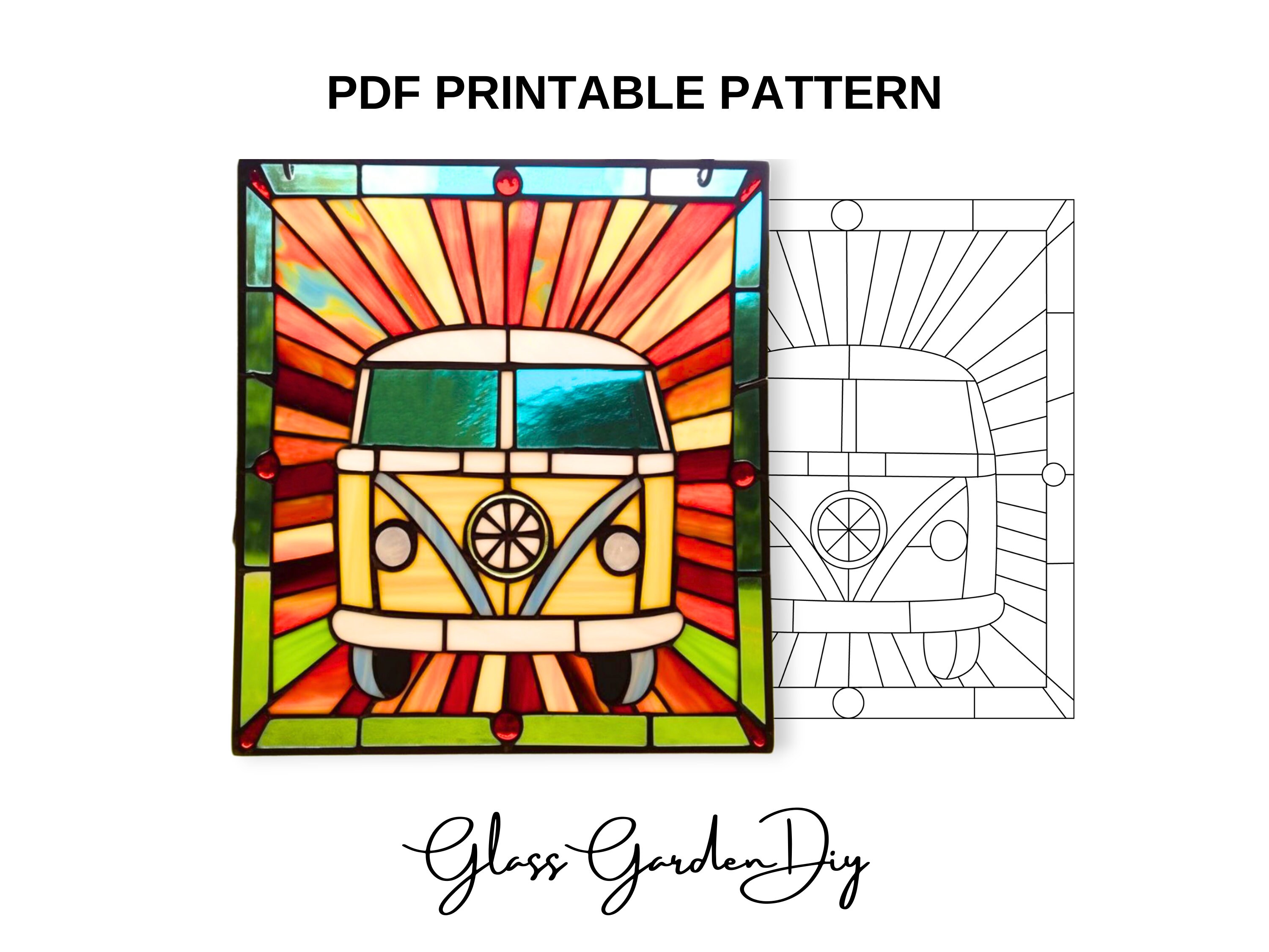 Sunny Hippie Bus Ornament Stained Glass Pattern PDF PNG Printable File ...