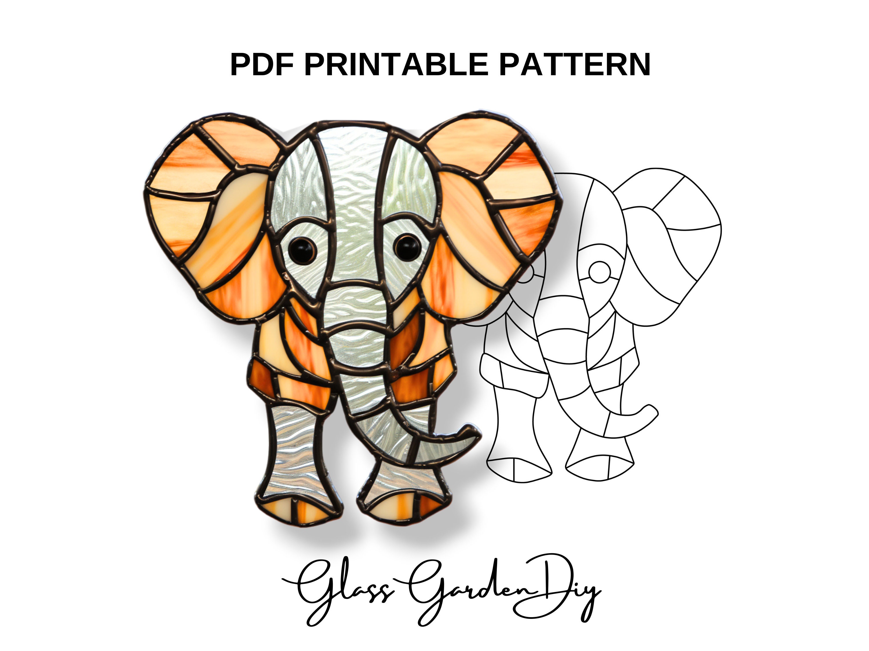 Cute Elephant Ornament Stained Glass Pattern PNG PDF Printable Digital ...