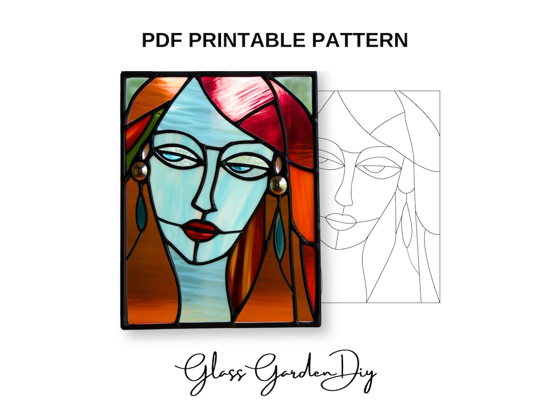 Woman Face Portrait Stained Glass Pattern PNG PDF Printable File ...