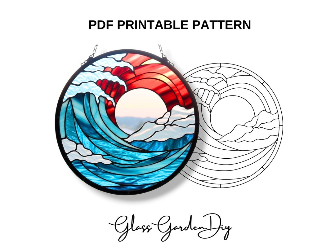 Japanese Style Wave Sunrise in a Circle Frame Ornament Stained Glass ...