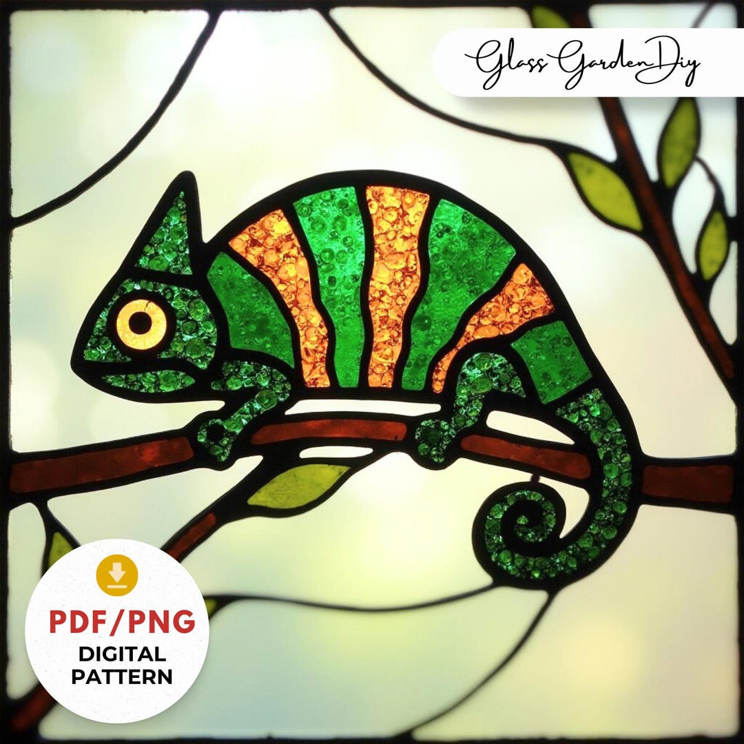 Stained Glass Chameleon Pattern, DIY Lizard Suncatcher, Reptile Window ...