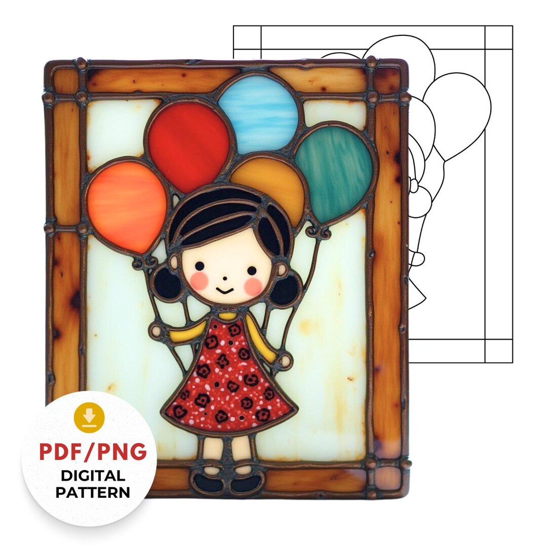 Stained Glass Girl With Balloons Pattern, DIY Whimsical Window Art ...