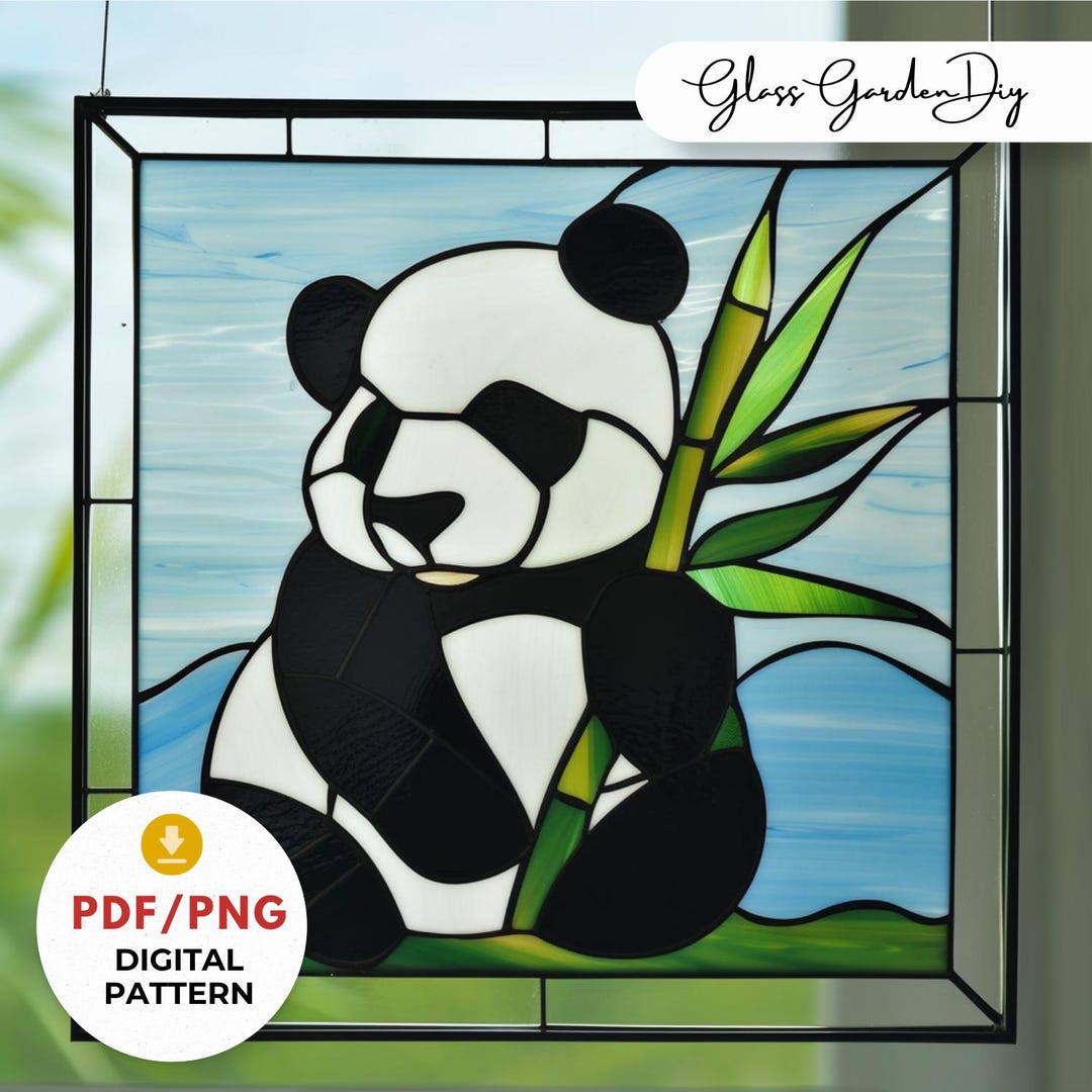 Panda Stained Glass Pattern, DIY Bamboo Suncatcher, Wildlife Glass Art ...