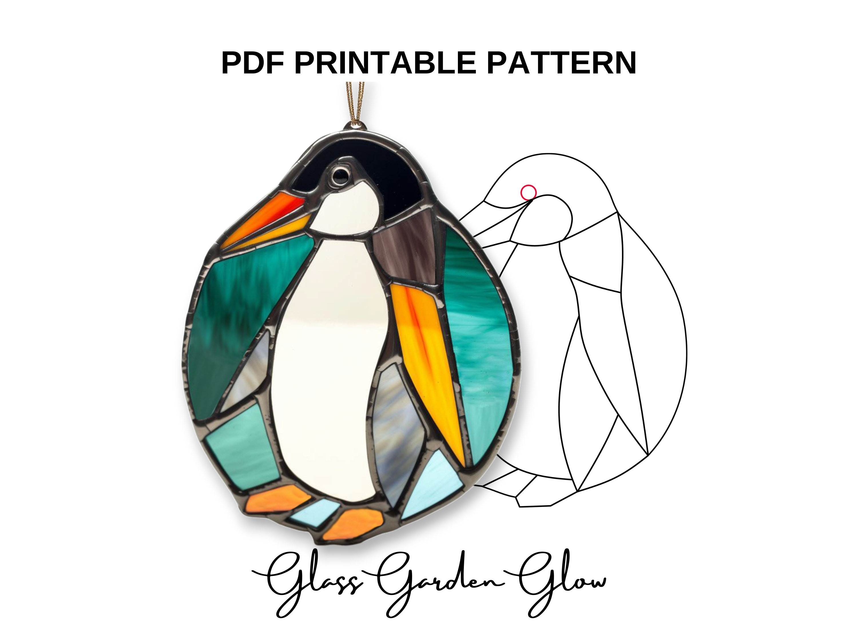 Penguin Ornament Stained Glass Pattern PNG PDF Printable File Digital ...