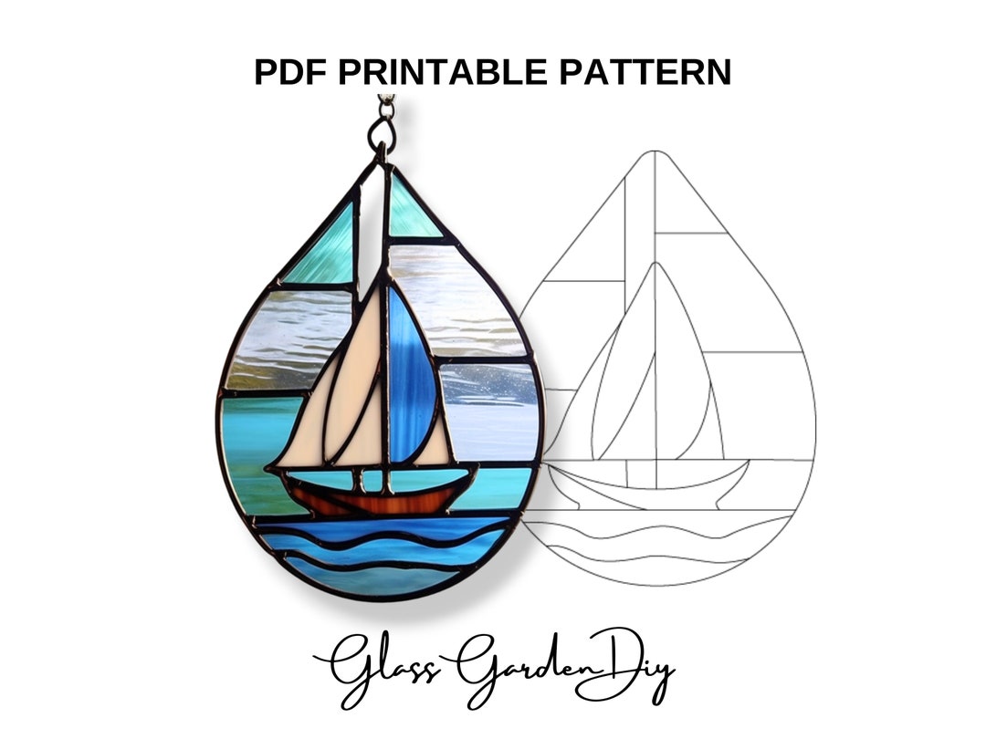 Sailboat Sea Waves in a Drop Frame Ornament Stained Glass Pattern PNG ...