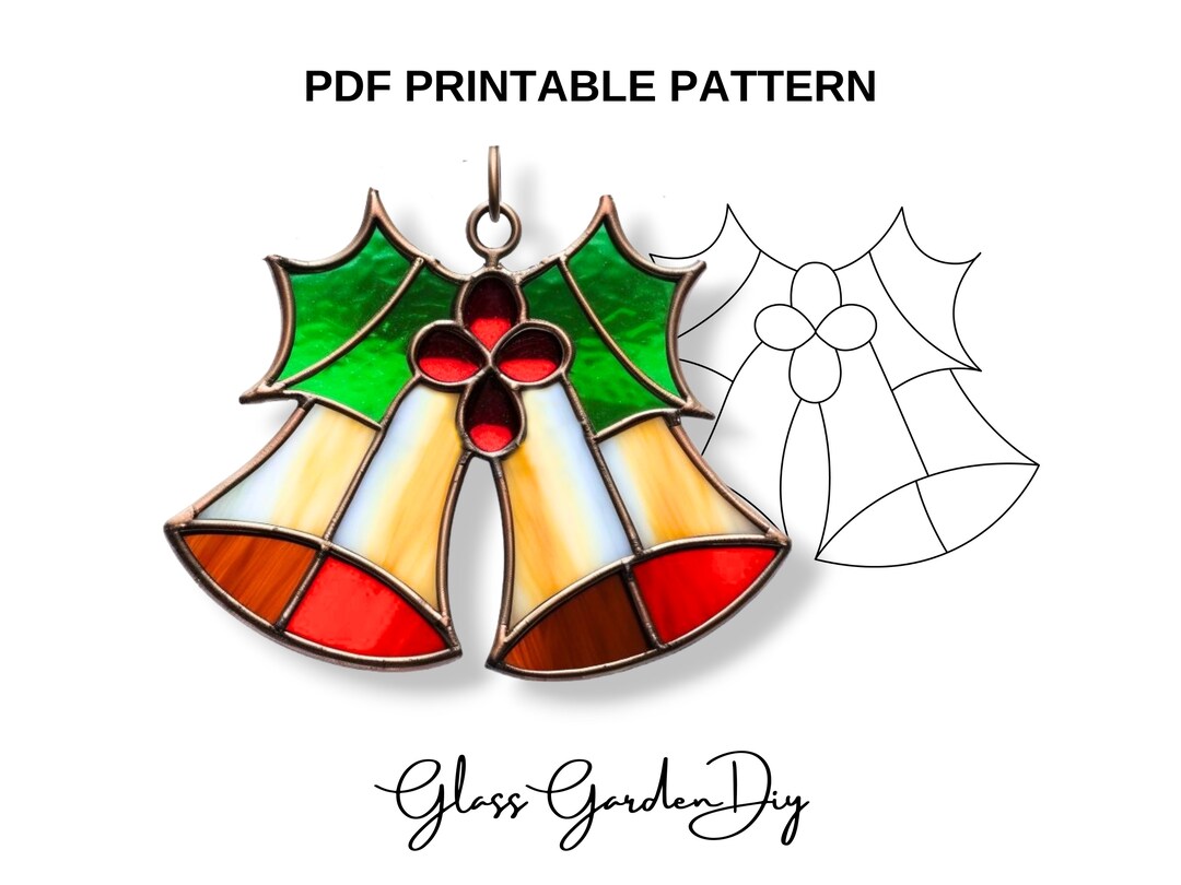 Christmas Bells With Holly Leaf Ornament Stained Glass Pattern PNG PDF ...