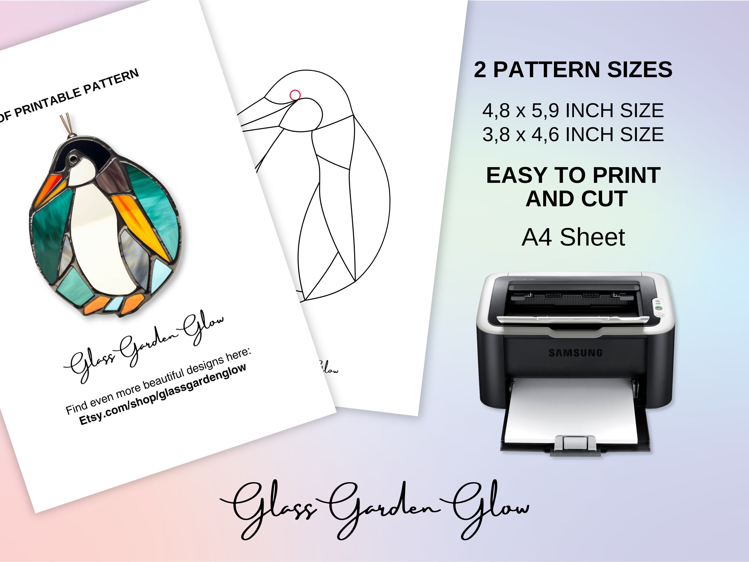 Penguin Ornament Stained Glass Pattern PNG PDF Printable File Digital ...