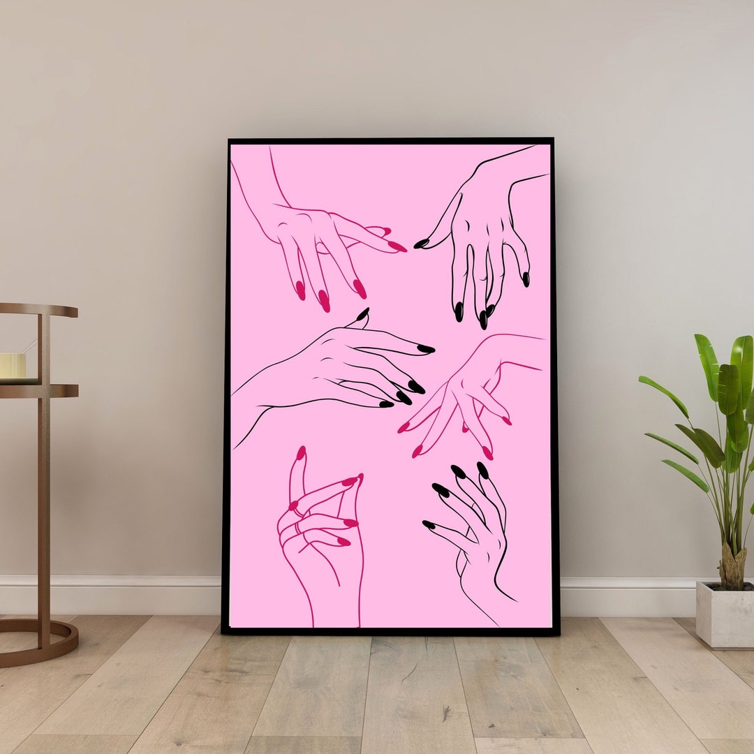 Pink Hands Line Art Print, Preppy Poster, Trendy Wall Art, Womens Hands ...
