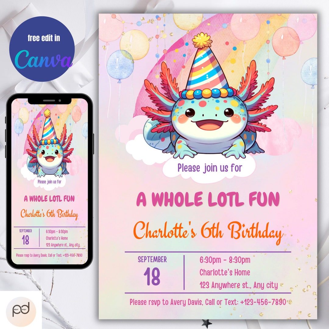 Axolotl Birthday Invitation Cute Underwater Theme Editable Axolotl ...