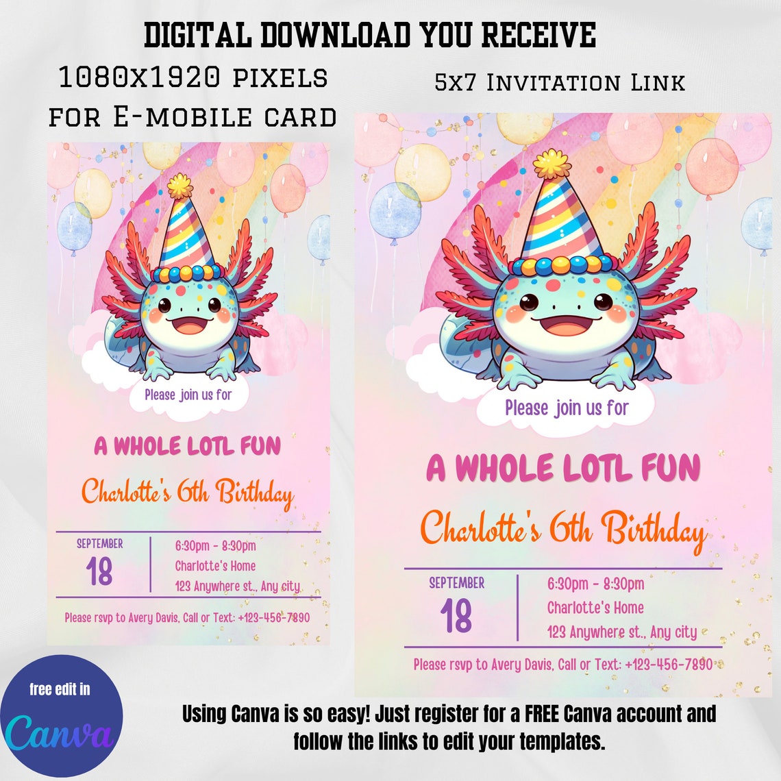 Axolotl Birthday Invitation Cute Underwater Theme Editable Axolotl ...