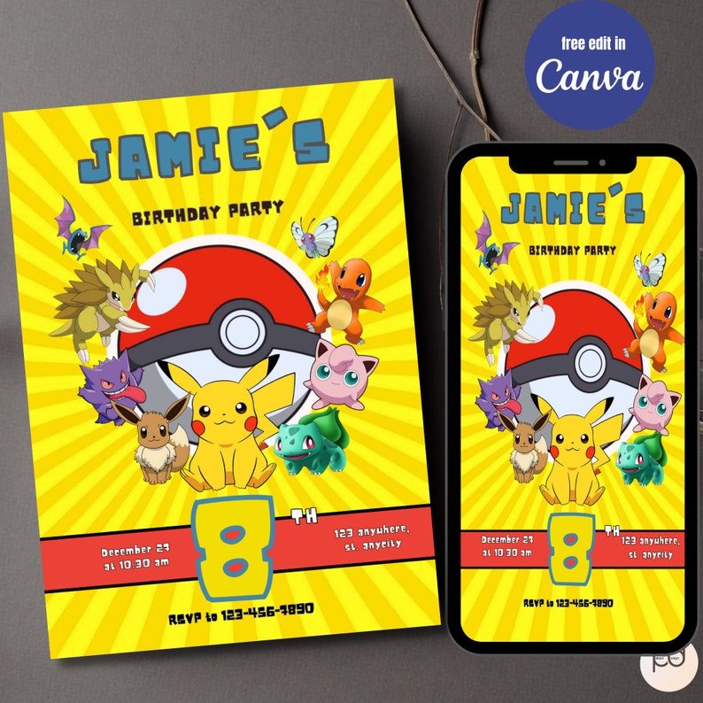 Editable Pokemon Birthday Invitation Pikachu Card Birthday Boy ...