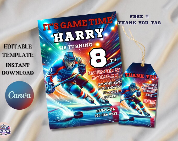 Editable Ice Hockey Party Invite, Hockey Birthday Invitation for Boys ...
