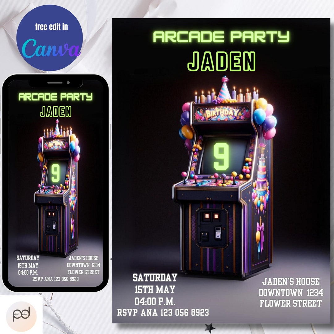 Arcade Birthday Invitation Neon Glow Arcade Birthday Invitations ...