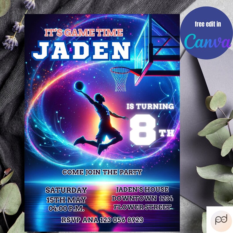 Editable Basketball Birthday Invitation Game Time Theme Digital Sports ...