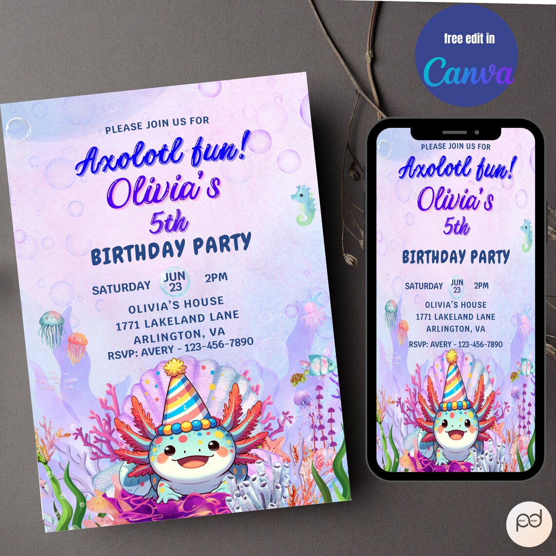 Axolotl Birthday Invitation - Personalized Digital Invite - Cute ...