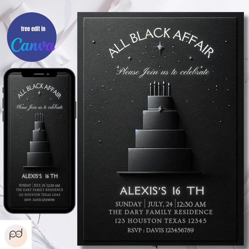 All Black Birthday Invitation All Black Affair Birthday Invitations ...