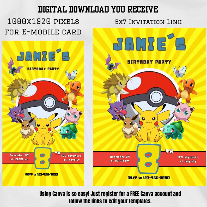 Editable Pokemon Birthday Invitation Pikachu Card Birthday Boy ...