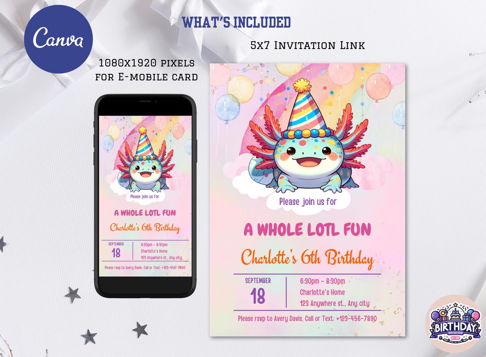 Axolotl Birthday Invitation Cute Underwater Theme Editable Axolotl ...