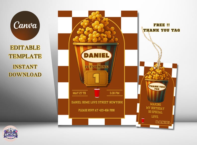Popcorn Movie Birthday Invitation for Kids, Editable Cinema Party ...