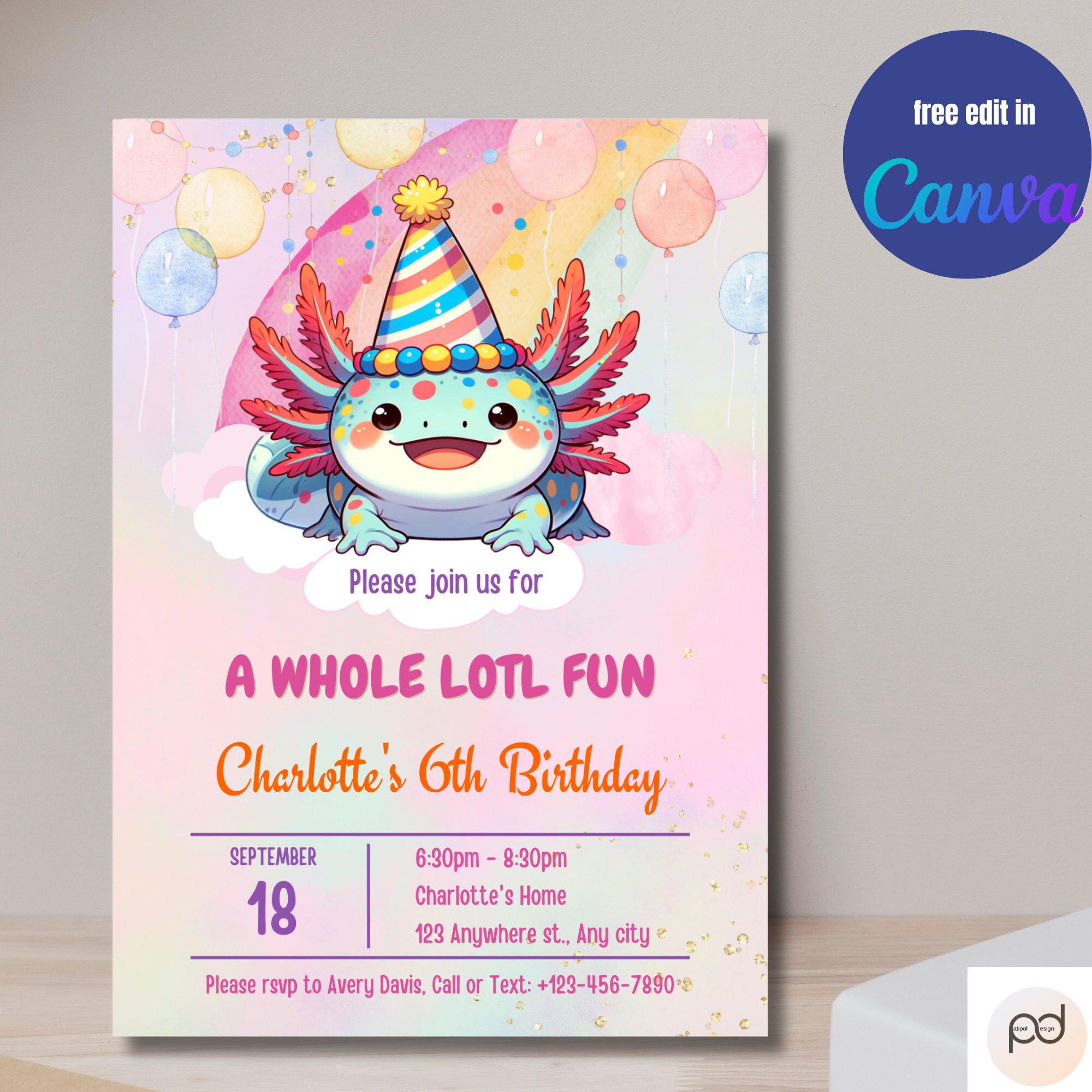 Axolotl Birthday Invitation Cute Underwater Theme Editable Axolotl ...