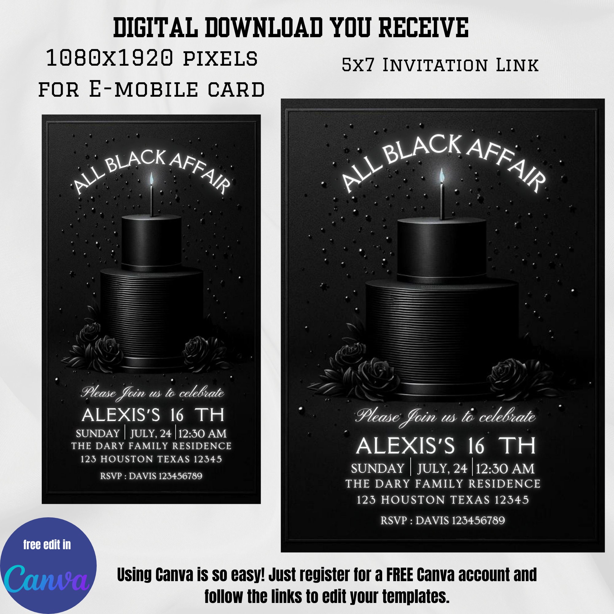 All Black Affair Invitation Editable All Black Birthday Party ...