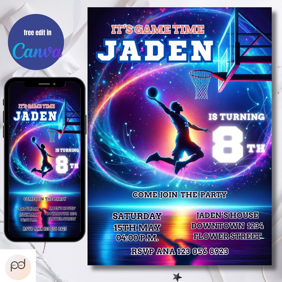 Editable Basketball Birthday Invitation Game Time Theme Digital Sports ...