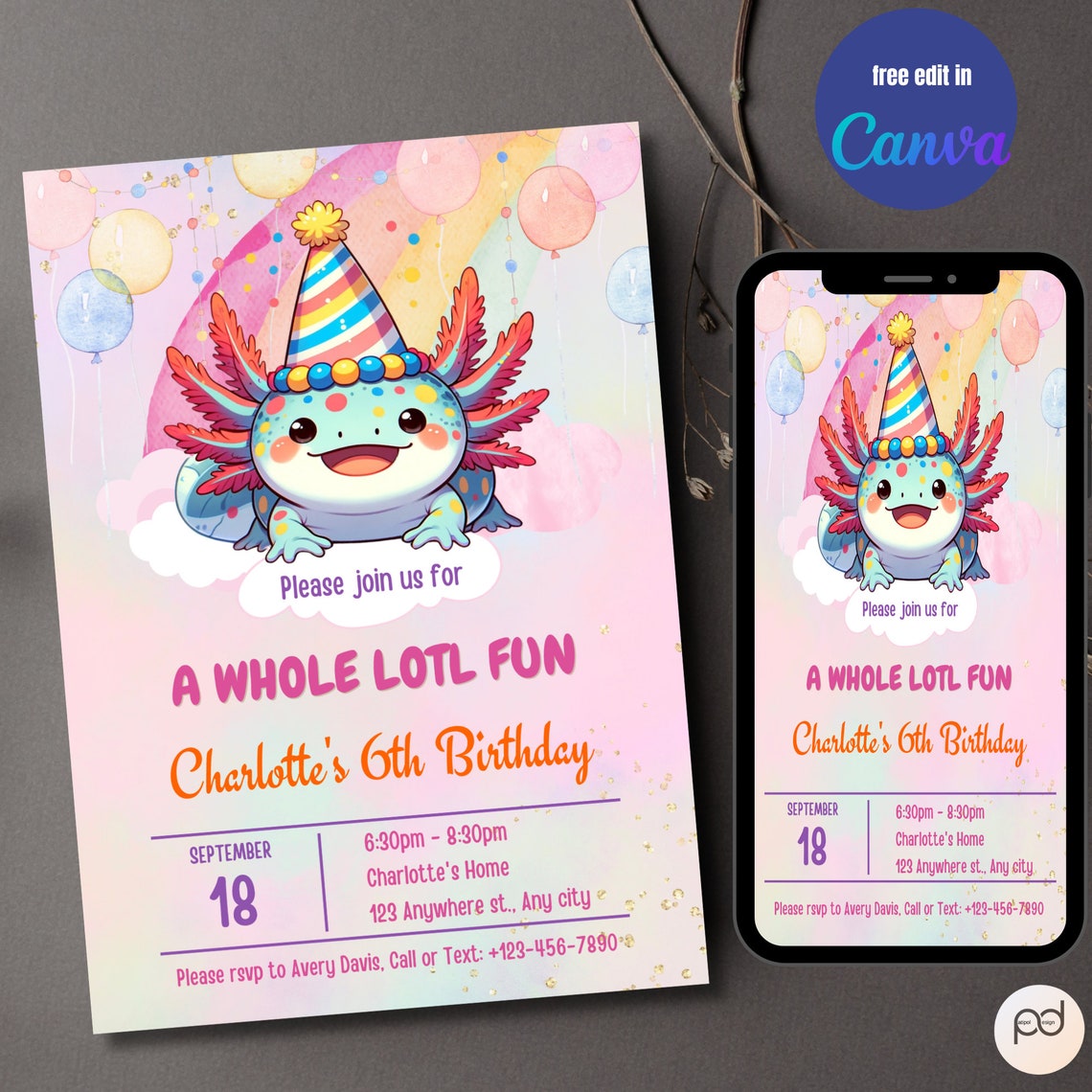 Axolotl Birthday Invitation Cute Underwater Theme Editable Axolotl ...