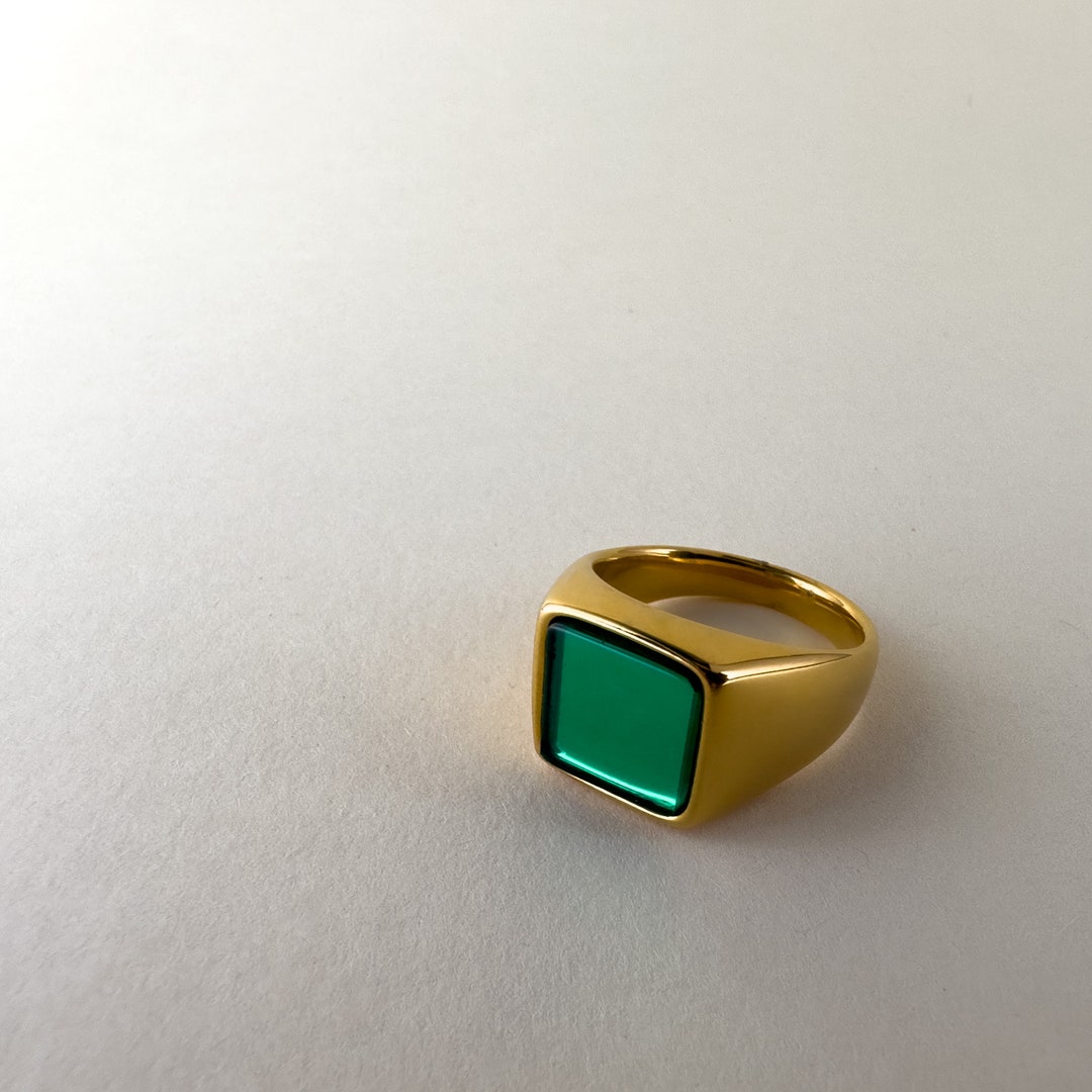 Mens Ring Gold Signet Ring Emerald Signet Ring Mens Stainless Steel Ring Waterproof Ring Tarnish ...