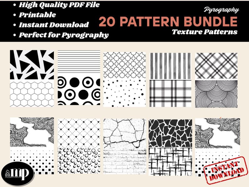 Pyrography Template Bundle, 20 Patterns for Texture, Wood Burning Art ...