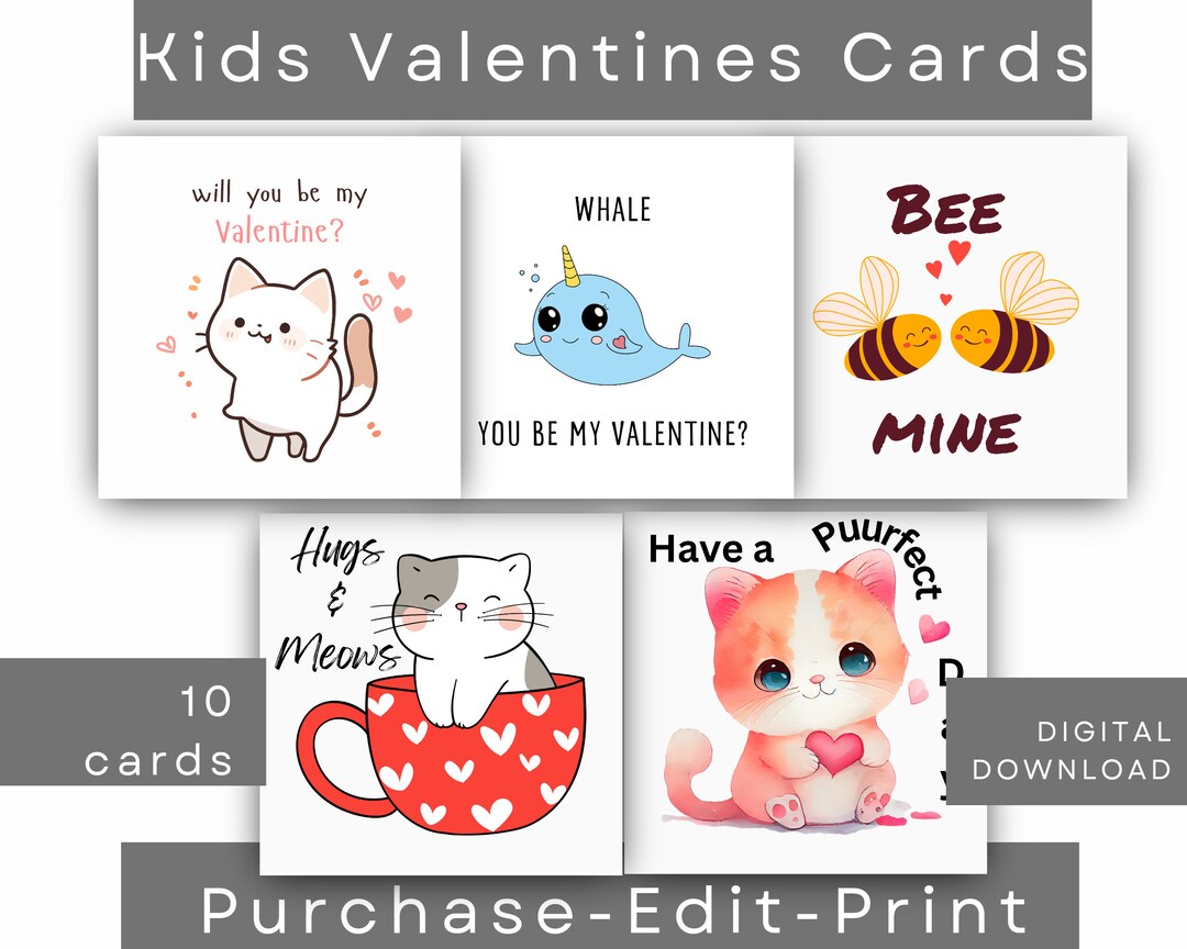 Valentine's Day Cards, Cute Animal Theme, for Any Age, Digital Download ...