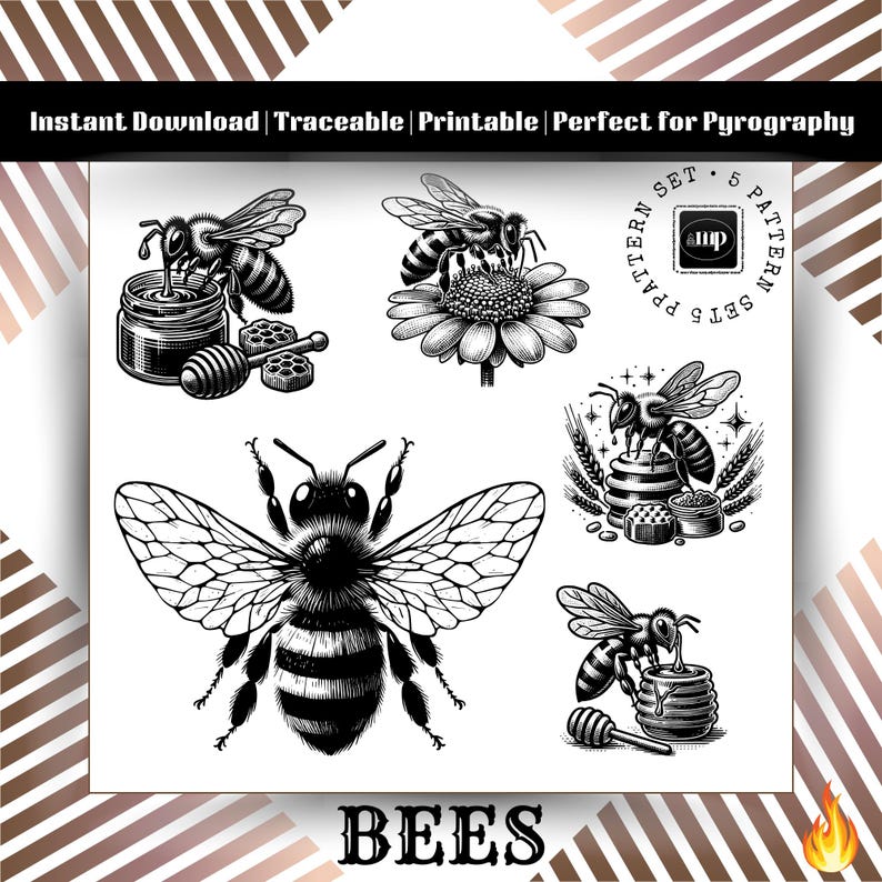 Pyrography Template Bundle, 5 Bee Patterns Wood Burning Art - Etsy