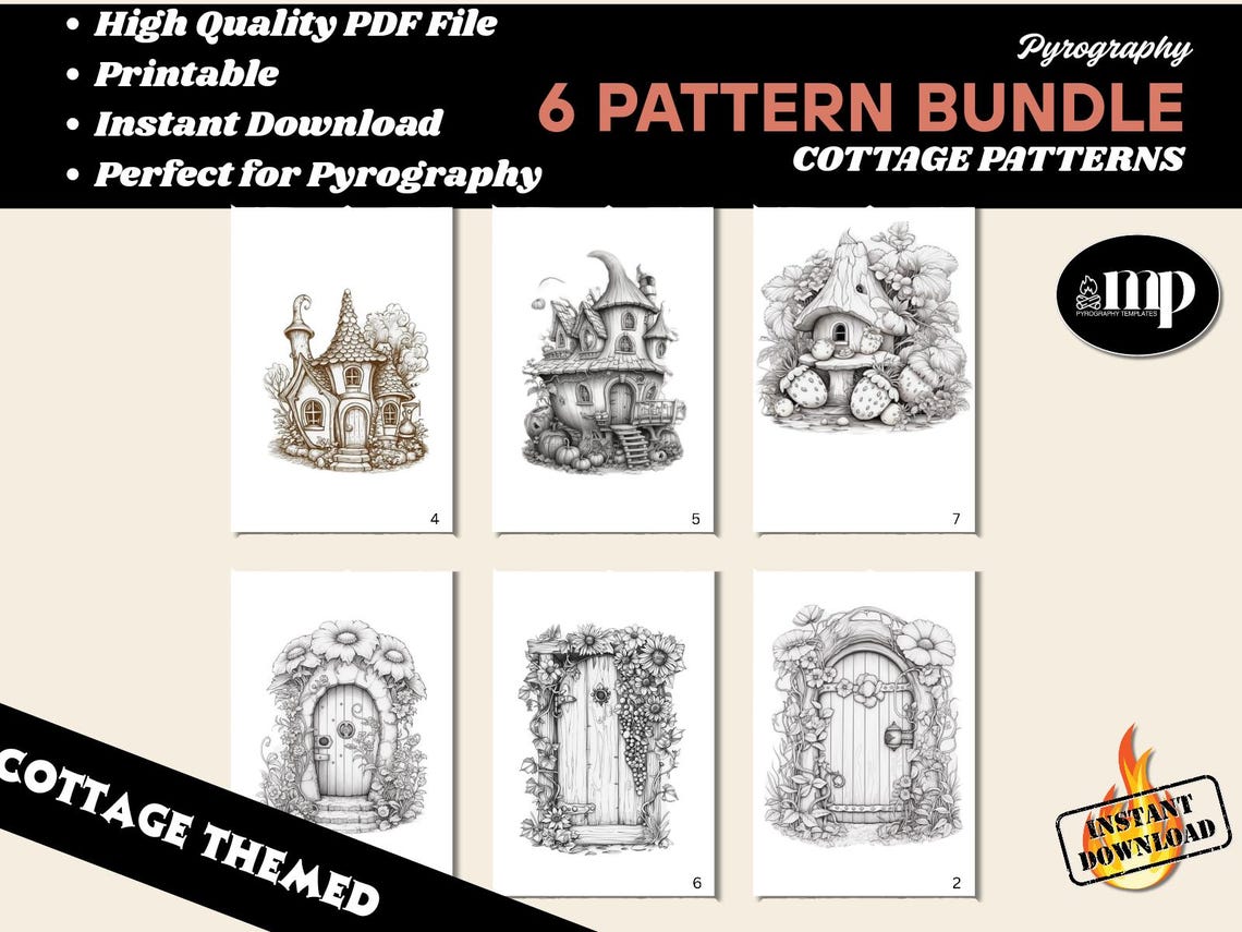 Pyrography Template Bundle, Cottage Themes Wood Burning Art Patterns - Etsy