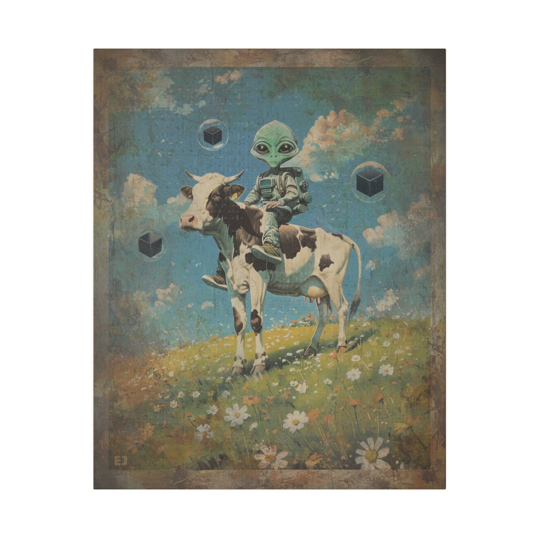 ALIEN COW UFO Canvas Wall Art, Retro Sci-fi Stretched Canvas, Cow ...