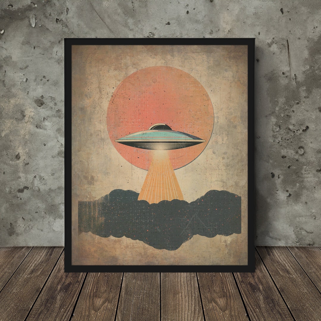Retro UFO Fine Art Poster Print, Flying Saucer Sunset Wall Art, Retro ...