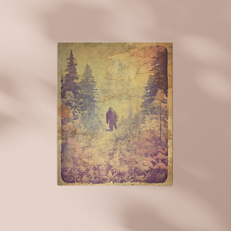 Retro BIGFOOT ART, SASQUATCH Wall Art, Surreal Bigfoot Poster, Floral Painting Print, Cryptid ...