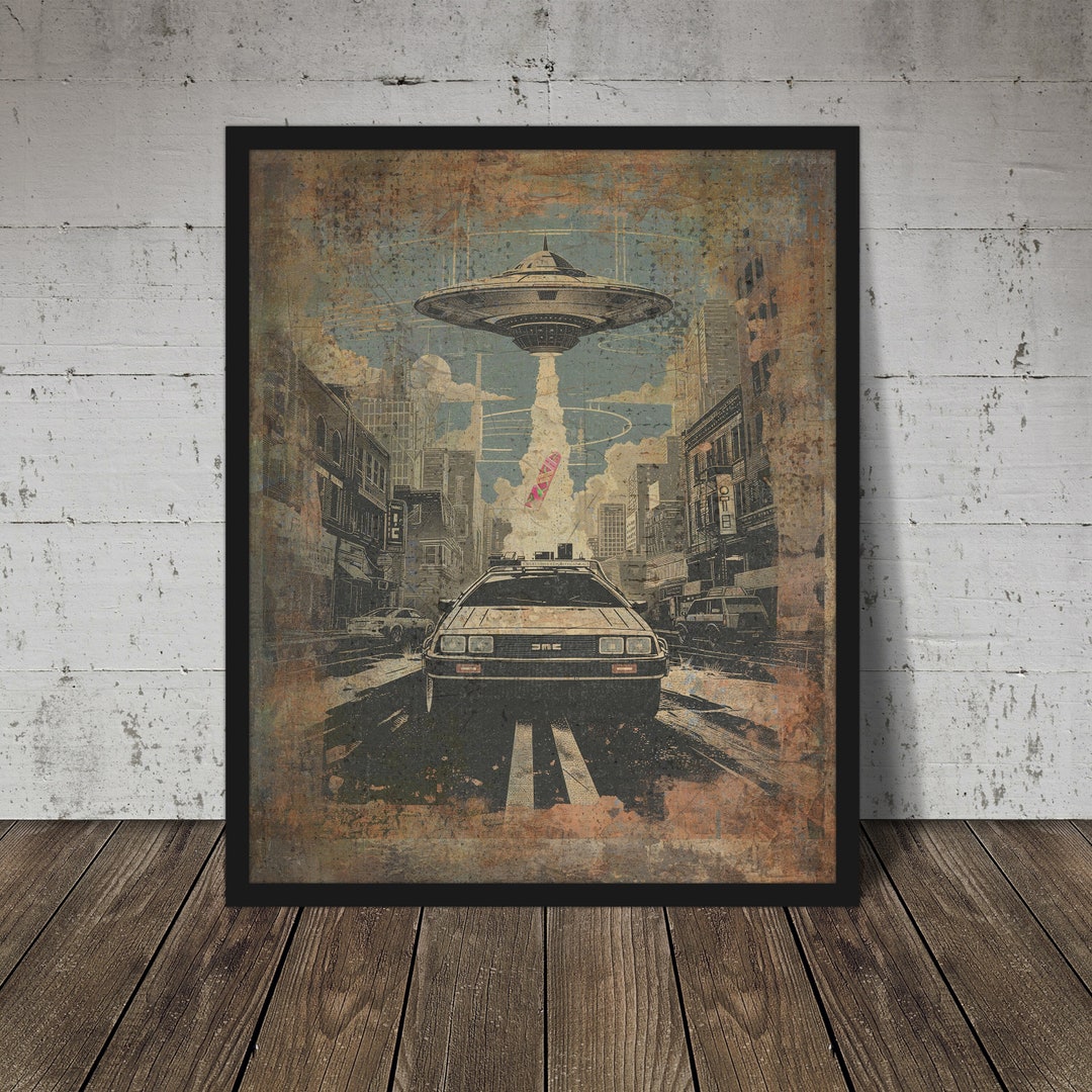 UFO ALIEN Delorean Hoverboard Wall Art, Retro Time Machine Flying ...
