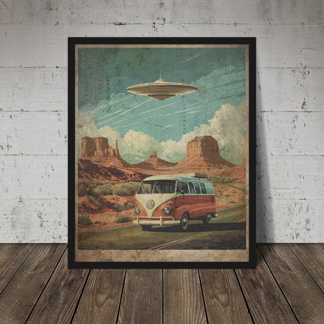 UFO Vintage Bus Poster, Flying Saucer Road Trip, Retro Vintage Van Gift ...