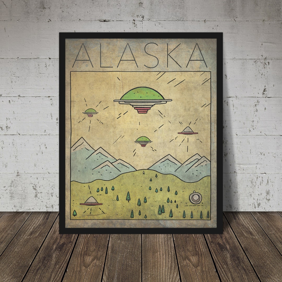 UFO ALASKA Travel Poster, Flying Saucer Wall Art, Alaska Alien Home ...