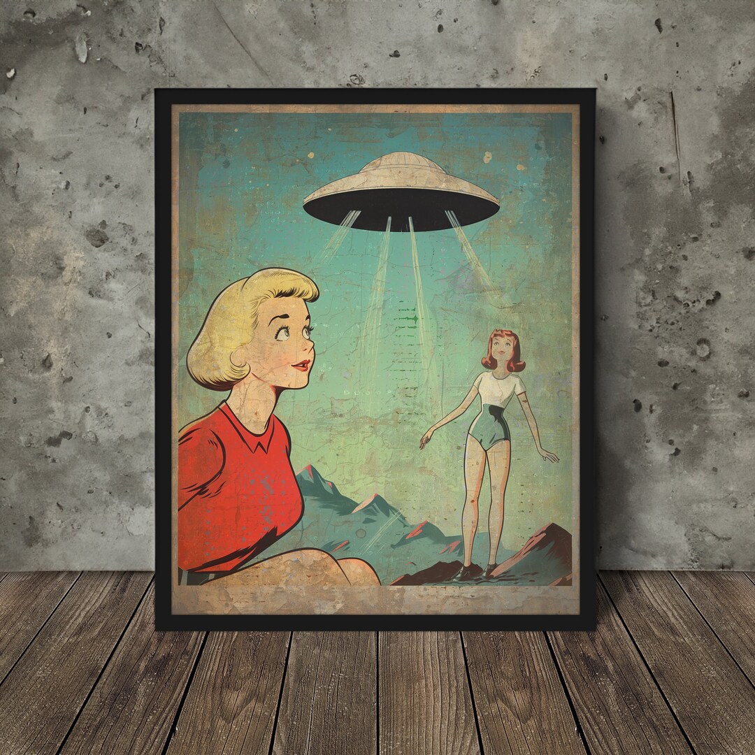 UFO ART Retro Woman Poster, Retro Sci-fi Wall Art, UFO Sighting Home ...