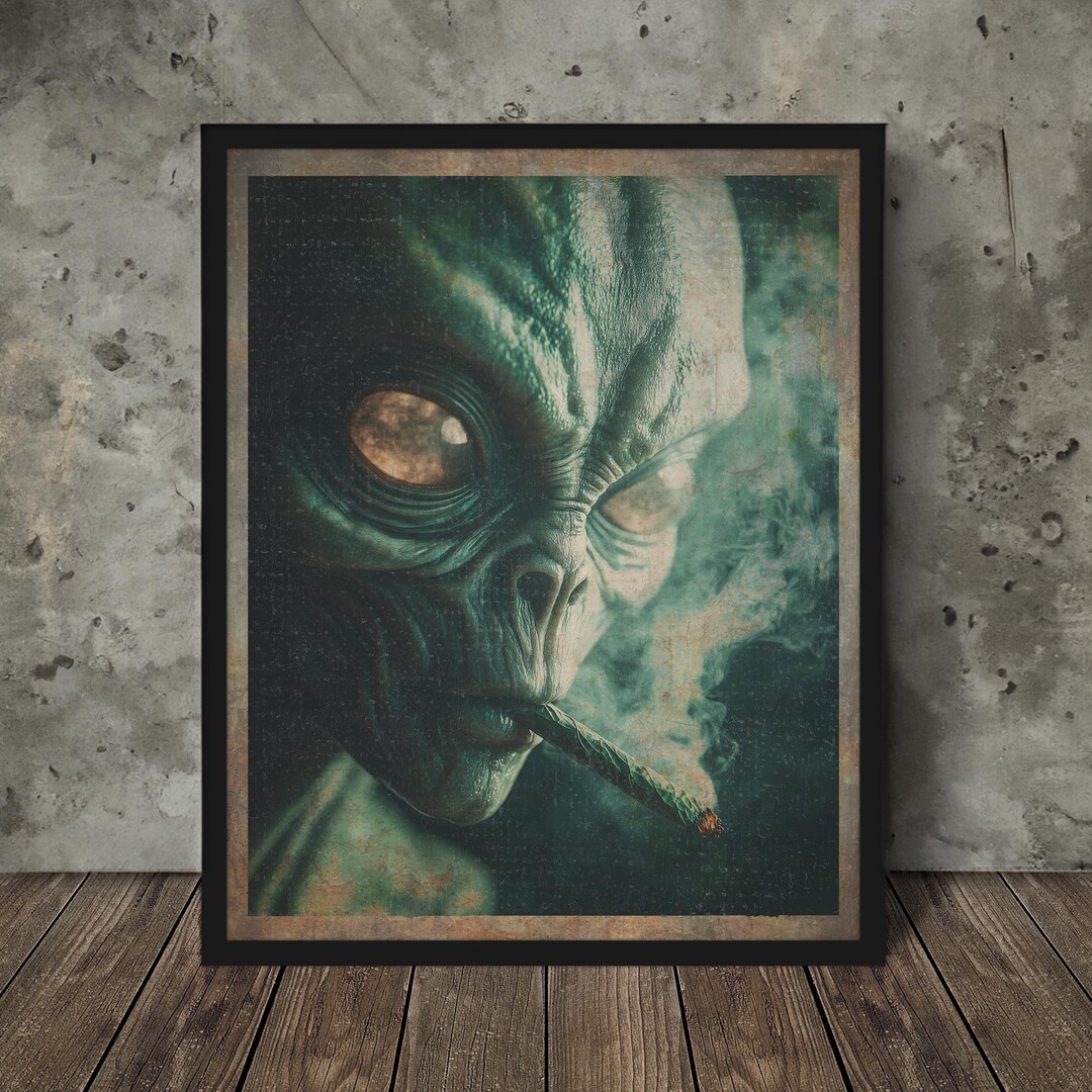 ALIEN CANNABIS Wall Art, Cryptid Smoking Joint Pot Poster, Retro Sci-fi ...
