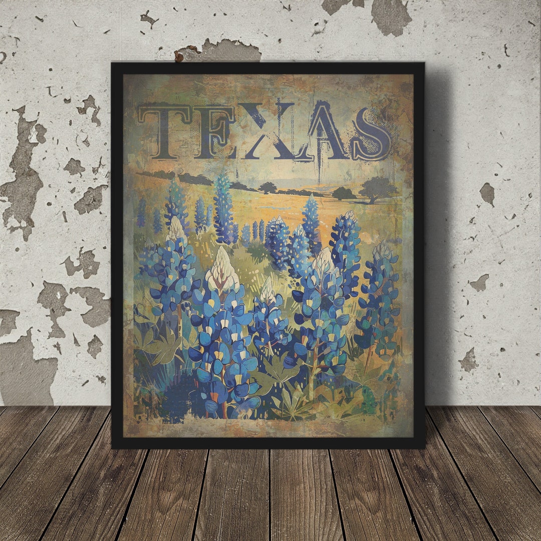 TEXAS BLUEBONNET Wall Art, Retro BOTANICAL Home Decor, Floral Travel ...