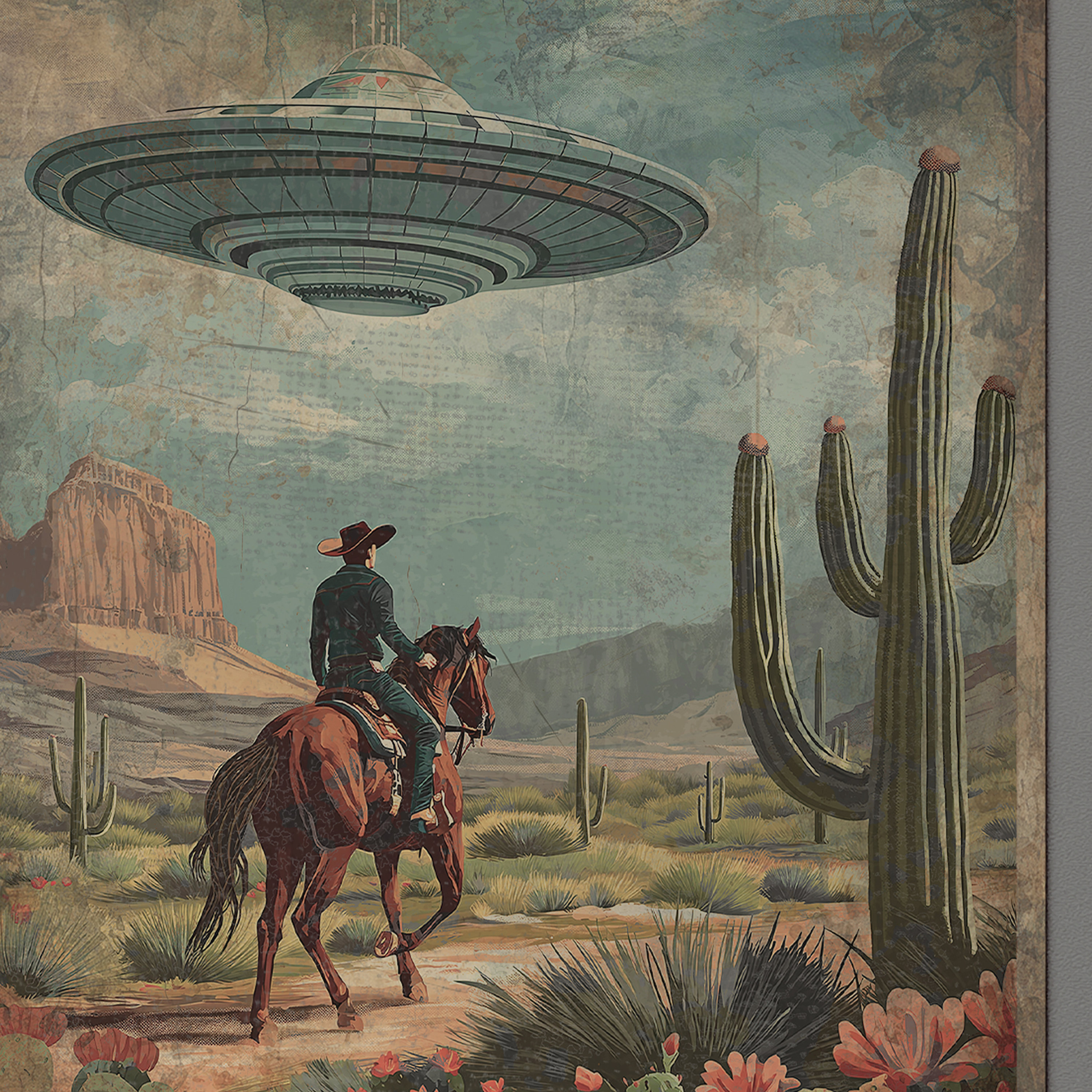 WESTERN UFO Fine Art, COWBOY Americana Poster, Retro Sci-fi Wall Decor ...