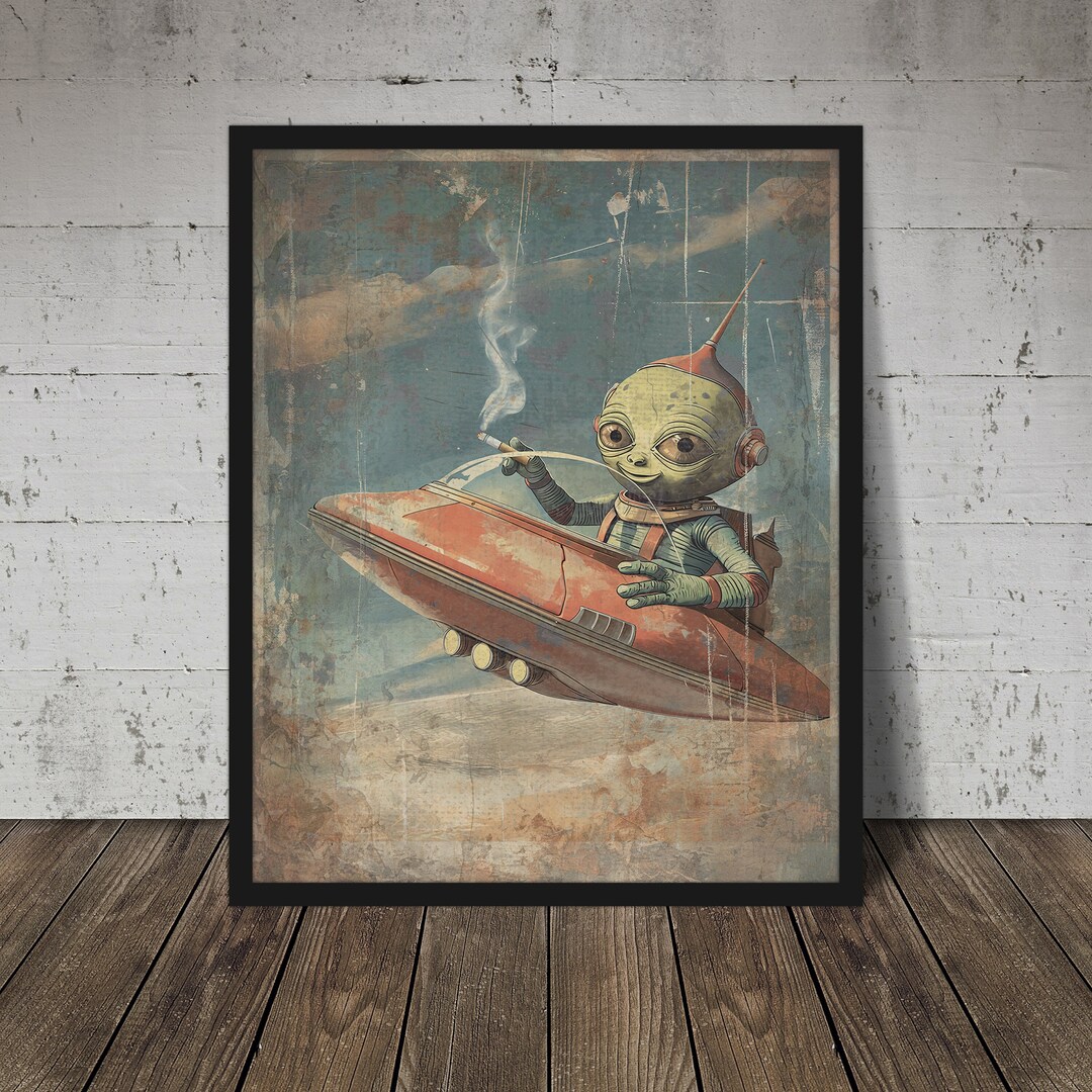 ALIEN SMOKER Flying Saucer Poster, Retro UFO Mary Jane Wall Art ...