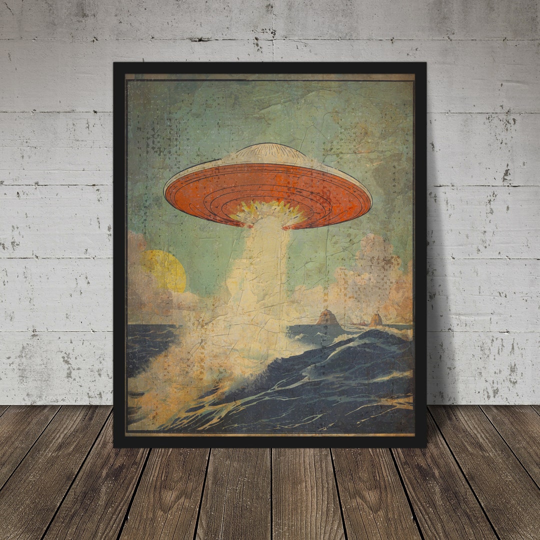 UFO OCEAN WAVE Wall Art, Flying Saucer Alien Seascape Poster Print ...