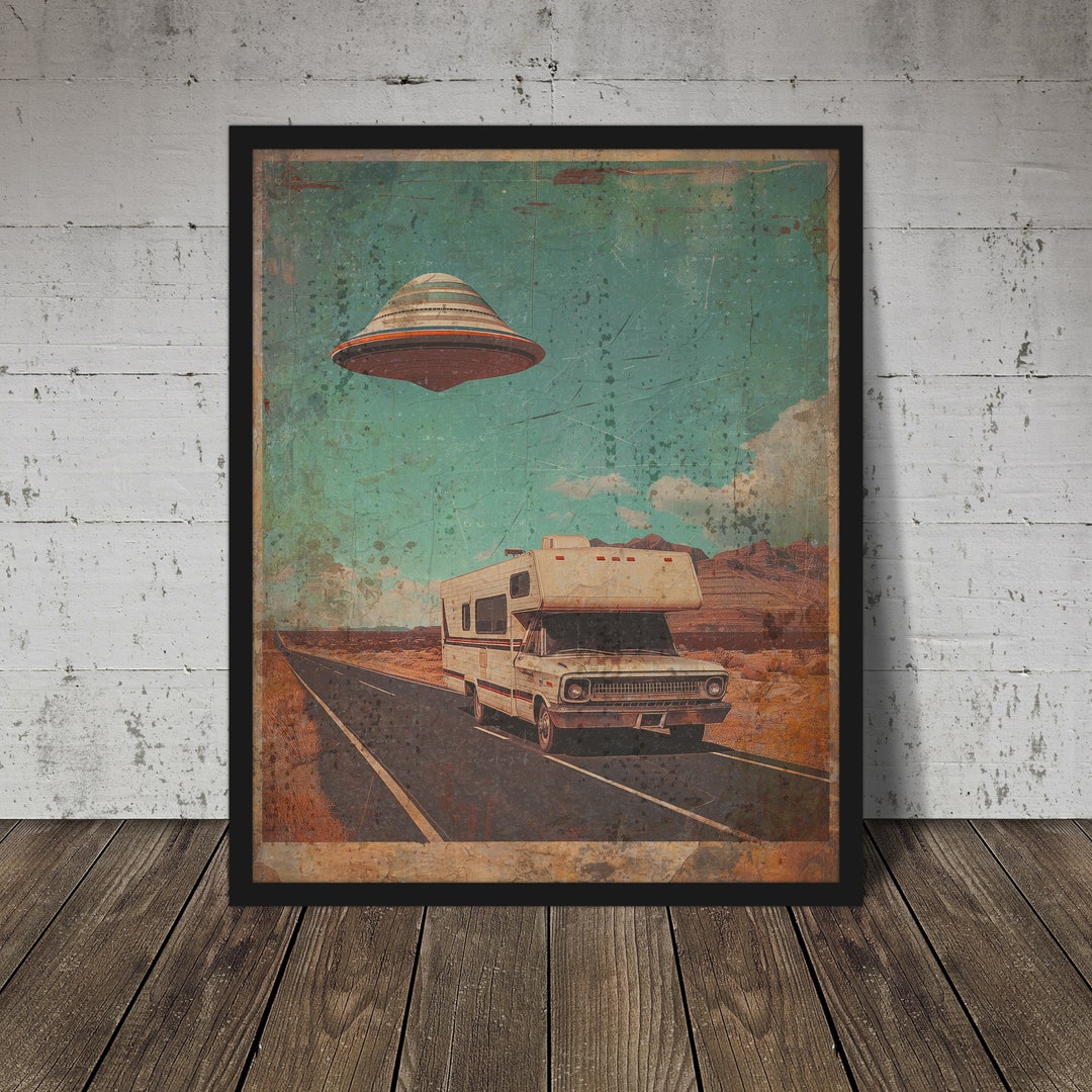 UFO Alien RV Camper Van Poster, Flying Saucer Camping Decor, Cryptid ...