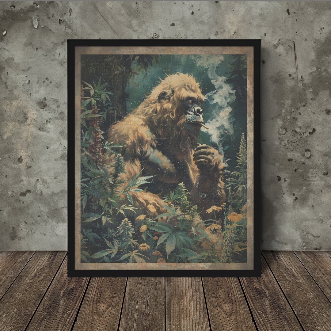 Retro SASQUATCH SMOKE Fine Art, Cannabis BIGFOOT Cigar Wall Art ...